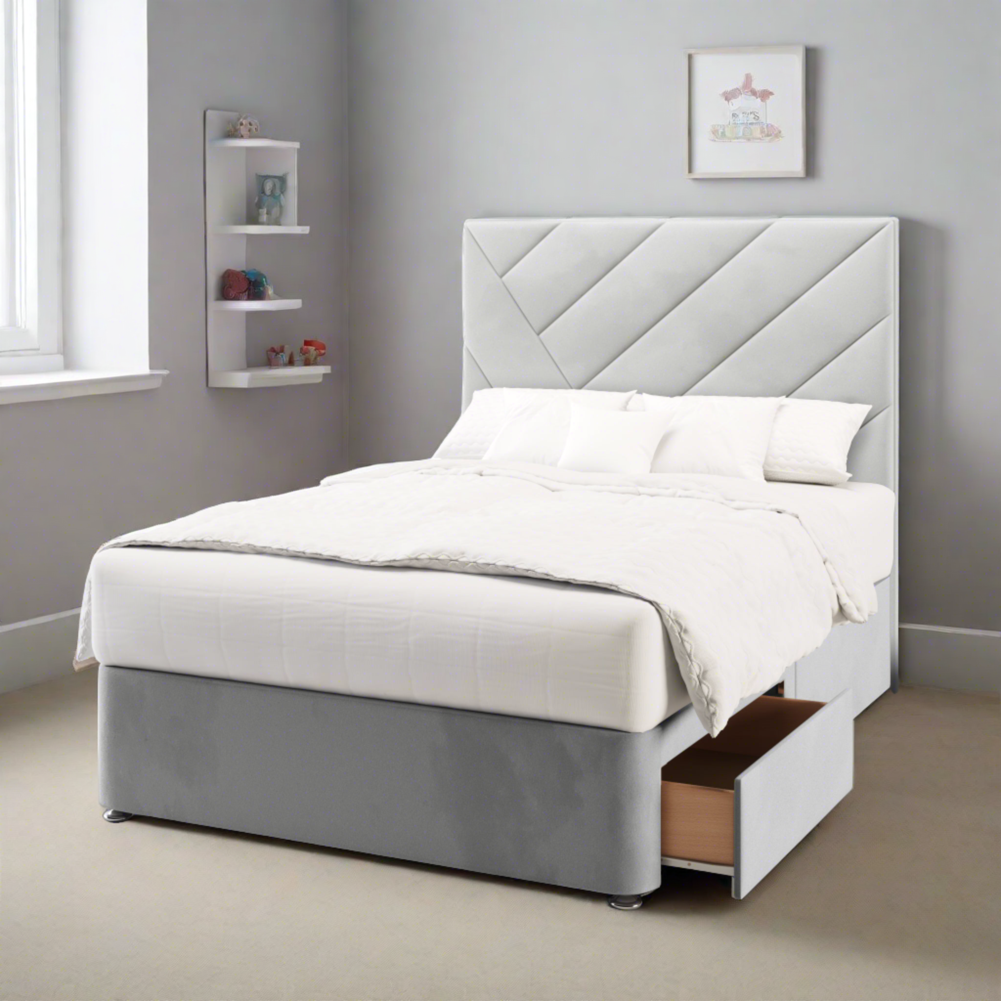 Everest Multi Diagonal Panels Fabric Upholstered Tall Headboard with K ...