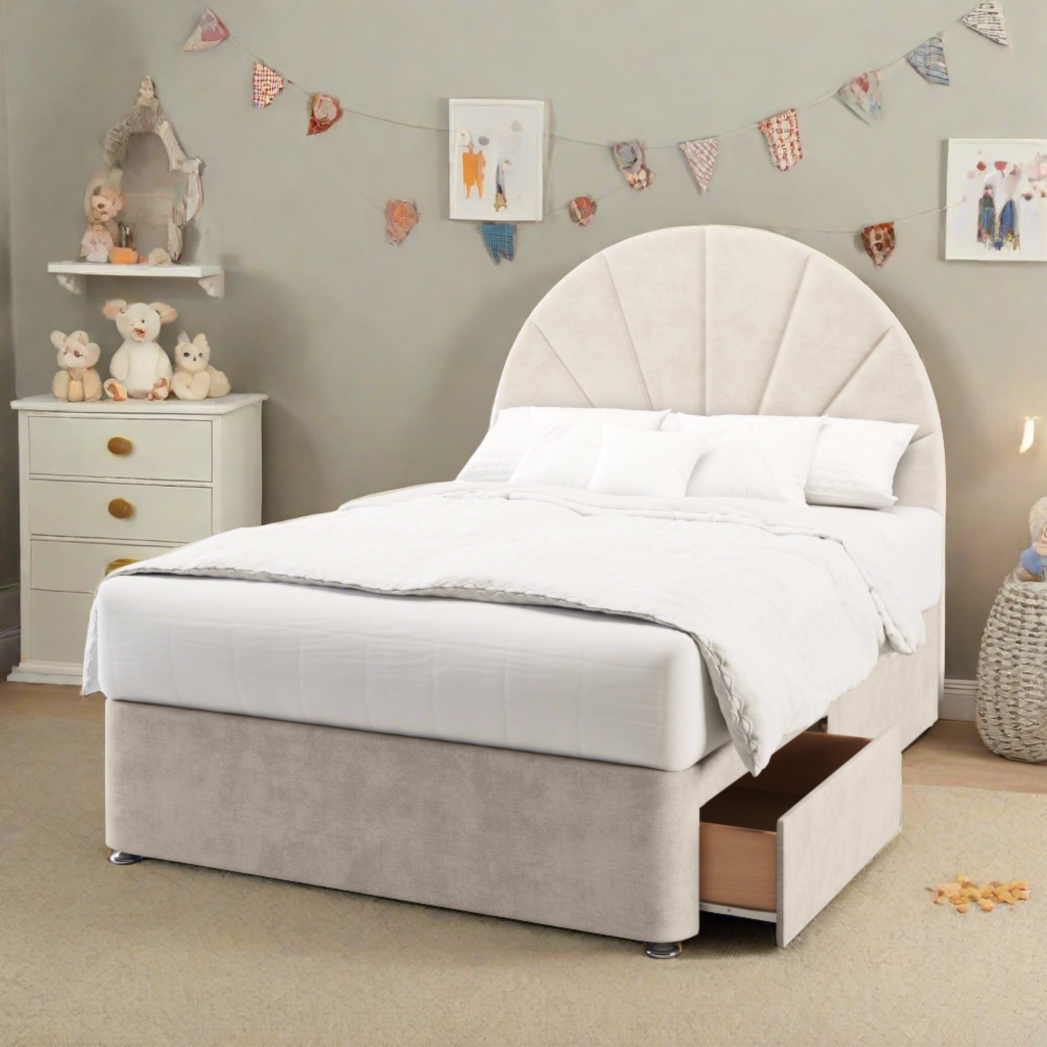 Bilbao Half Moon Vertical Lines Headboard Kids Divan Bed Base with Mat ...