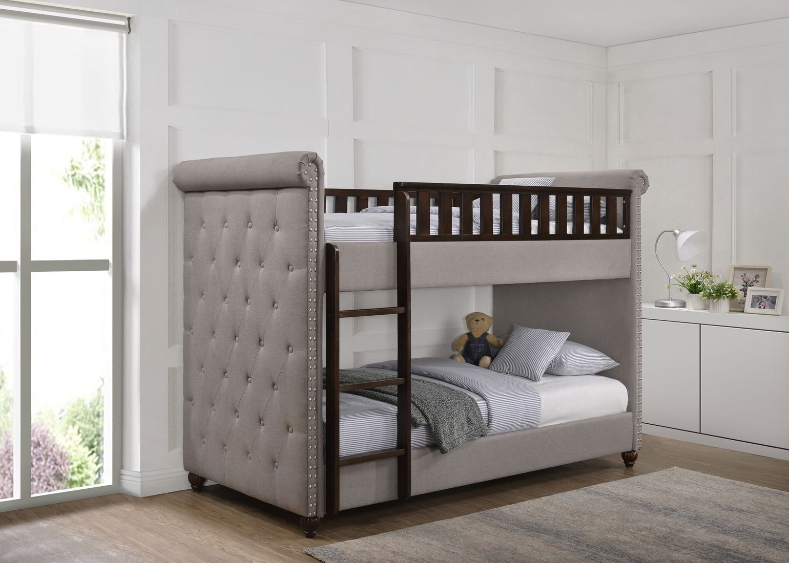Ava Children's Light Grey Linen Fabric Chesterfield Kids Bunk Bed ...