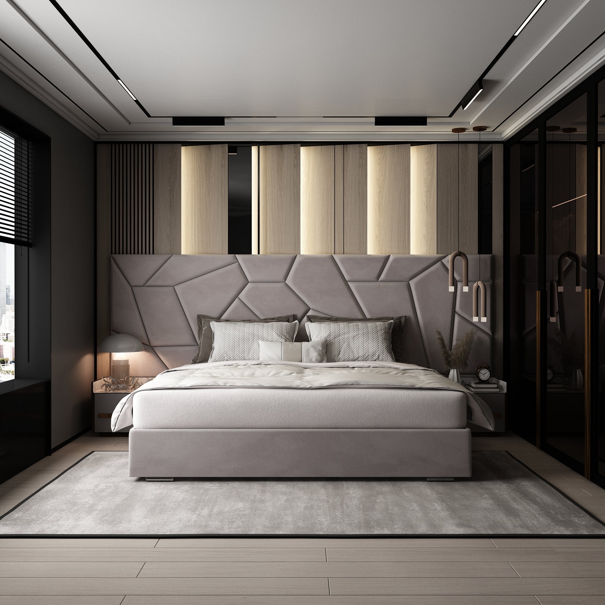 Abstract Art Deco Bespoke Designer Wall Mounted Headboard Fabric Uphol ...